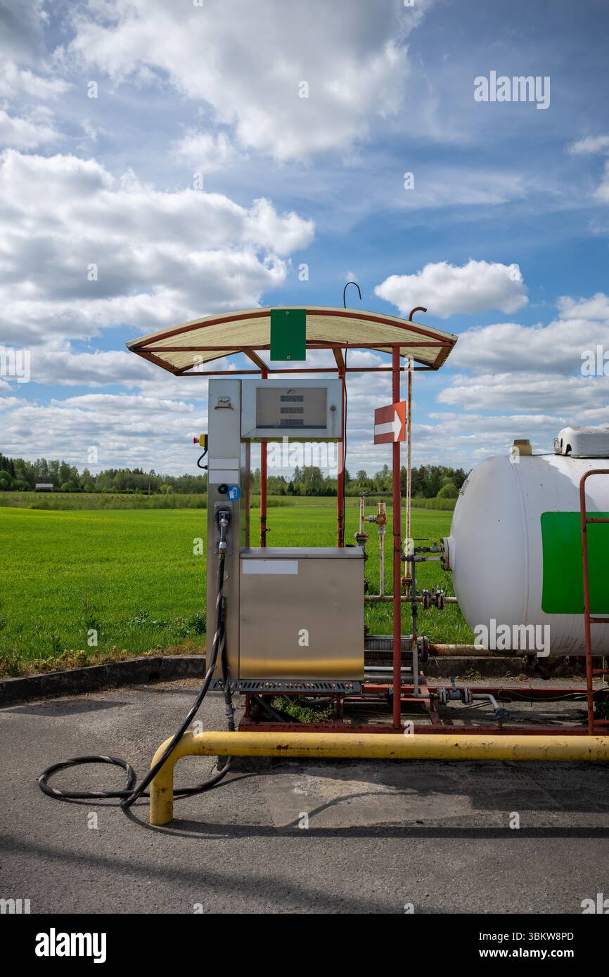 Propane gas station with large storage tank in rural countryside area ...