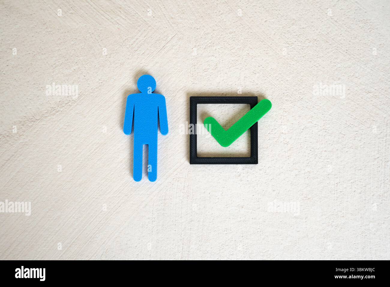 Man and green check mark. Recruitment success, performance recognition ...