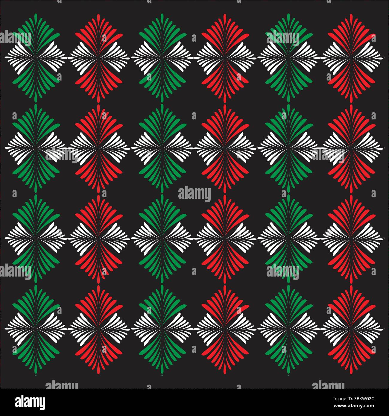 Elegant geometric pattern with red, green, and white stylized floral ...