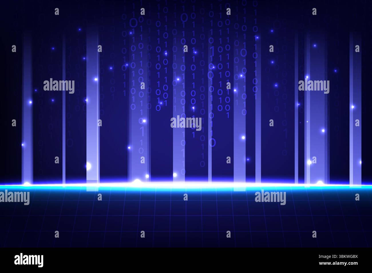Digital background with glowing vertical lines, binary code and ...
