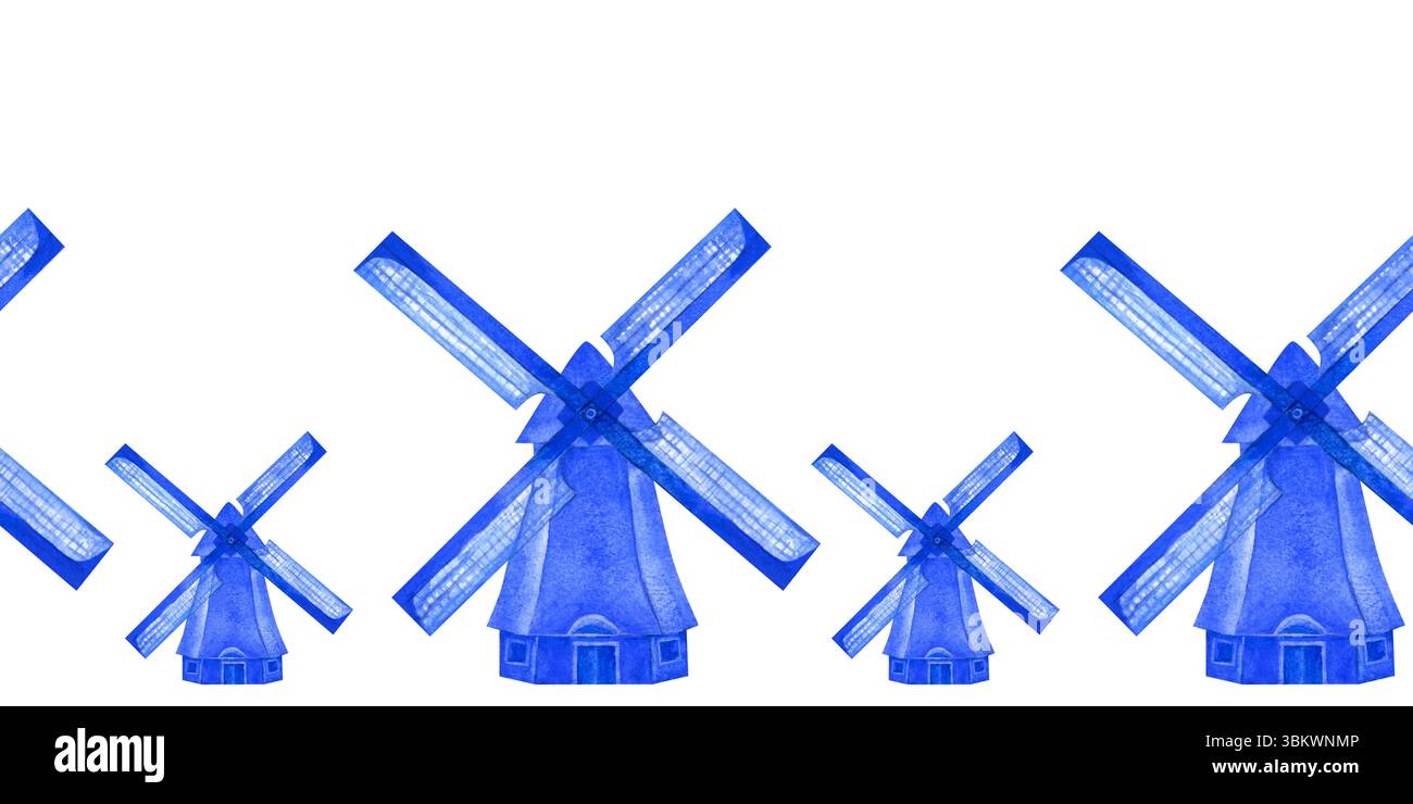 Old mill in blue-and-white Delftware style, classic ceramic art ...