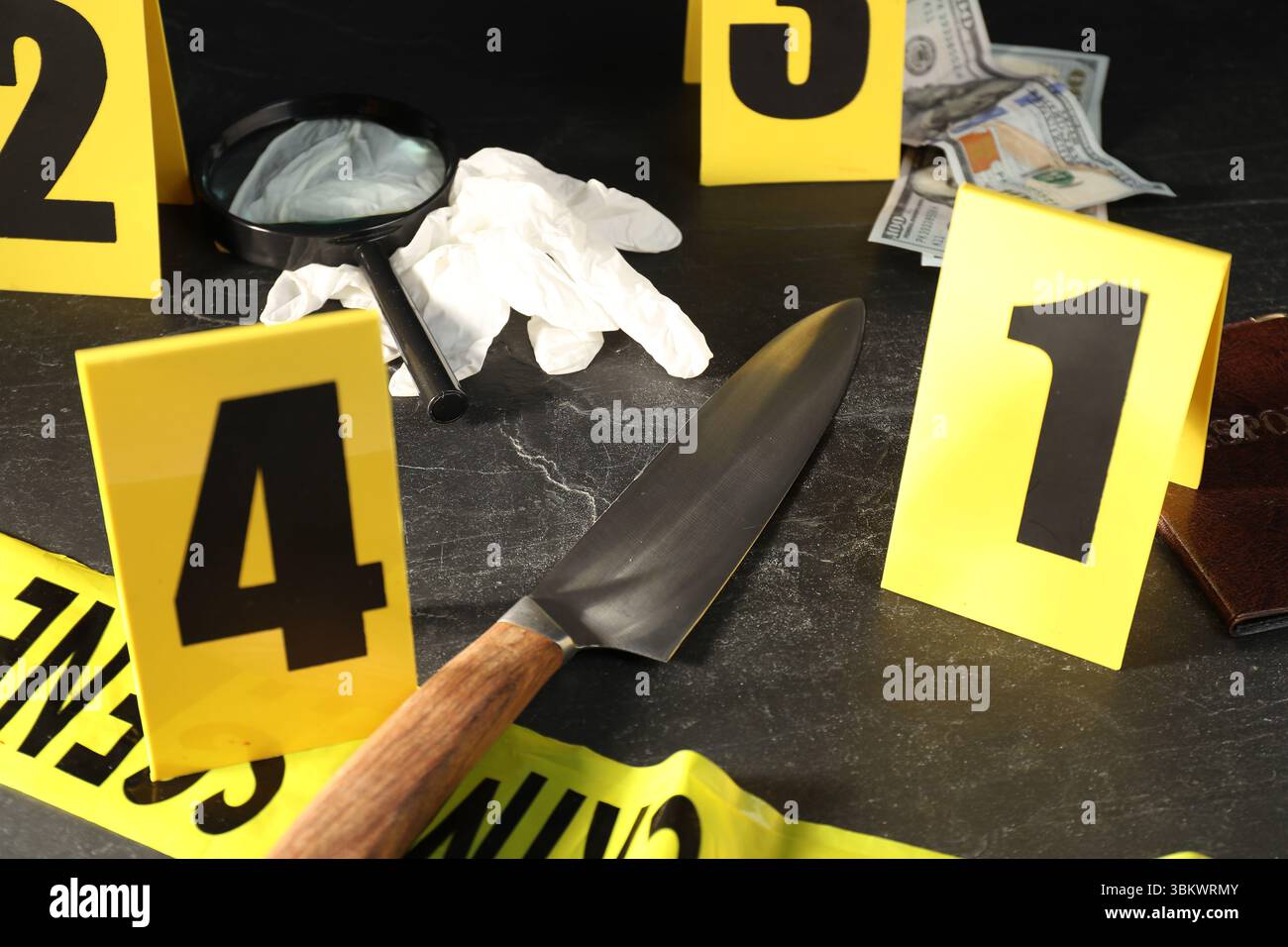 Forensic expert. Yellow crime scene tape, markers and evidences on ...