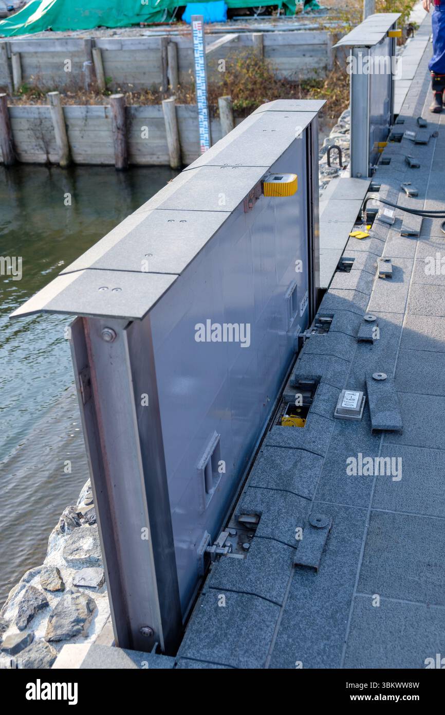 Engineer tests flood barrier deployment by the water to prevent floods ...