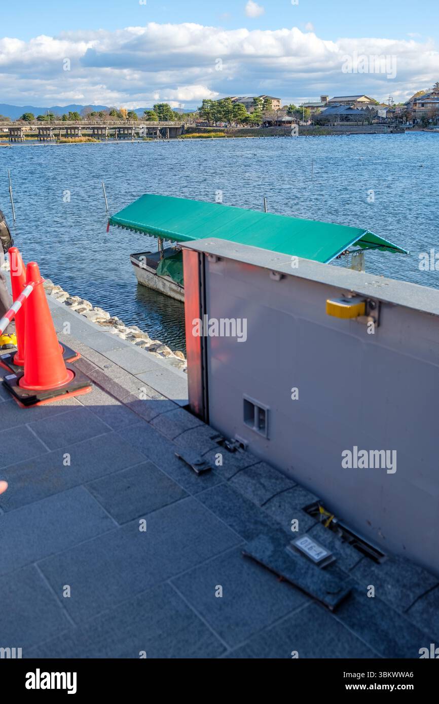 A hydraulic rasing flood barrier on the river embankment in Arashiyama ...