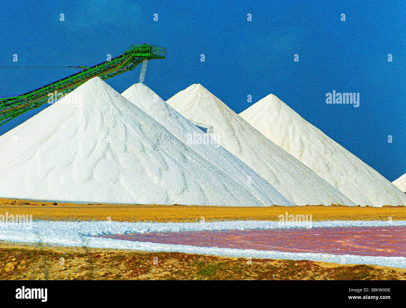 White salt hills and vibrant red water in the sea salt mines of Bonaire ...