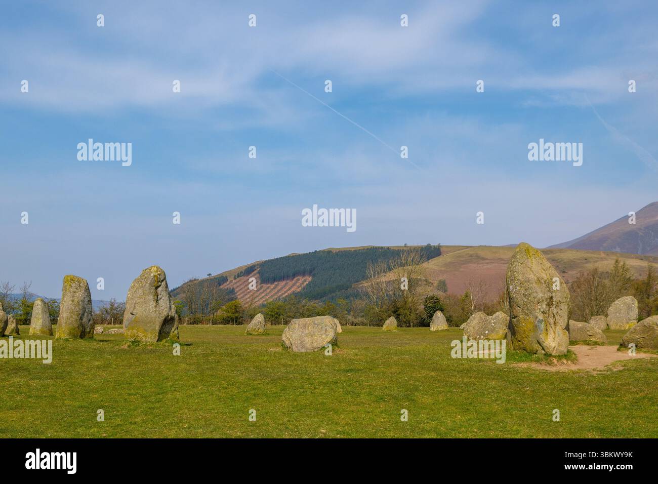 Ancient stones stand in a circle at Castlerigg, Lake District, a ...