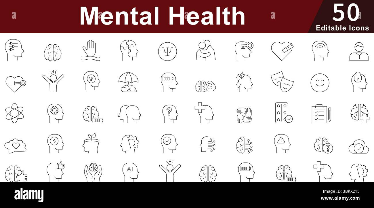 Mental Health Icon Set - 50 Editable Psychology Support Icons for ...