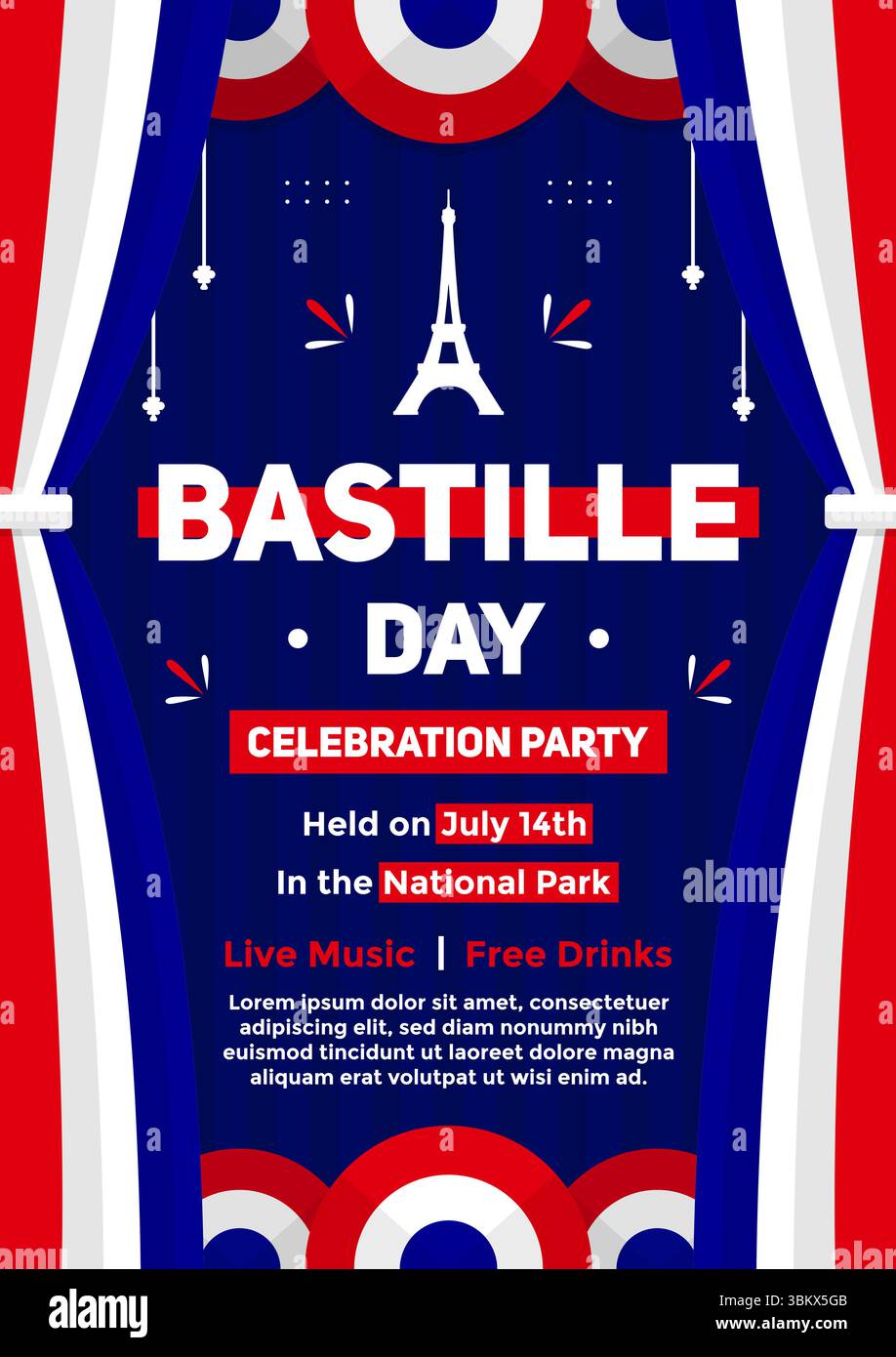 Bastille Day celebration party invitation poster template on blue ...