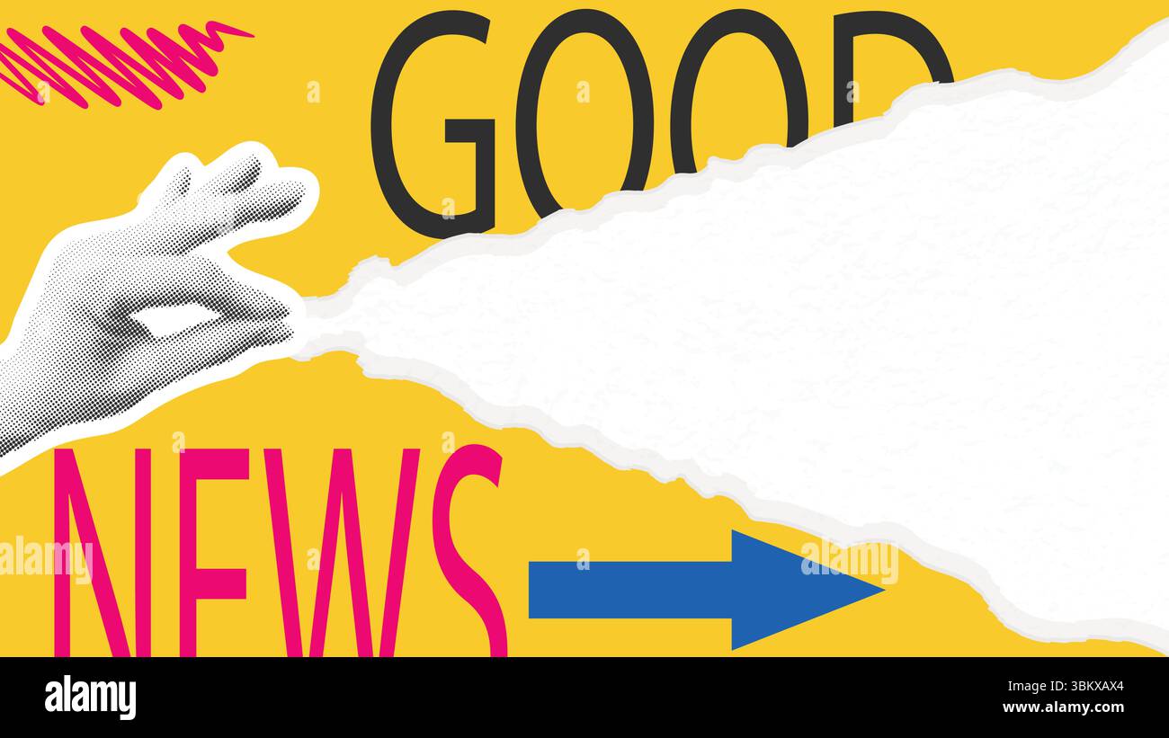 Collage hand halftone tearing paper. Good news concept. Contemporary poster with bright design ...