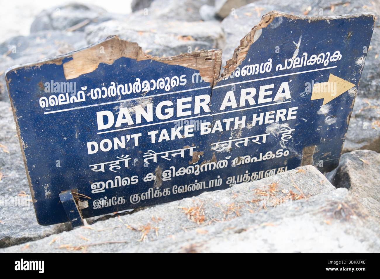 Danger area sign on the beach of Kochi, India, dangerous coastline ...