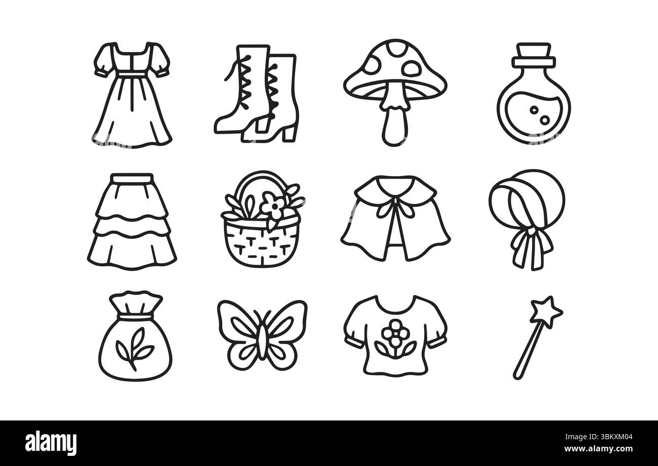 Whimsical Fairy Tale Elements Seamless Pattern Line Art Illustration ...