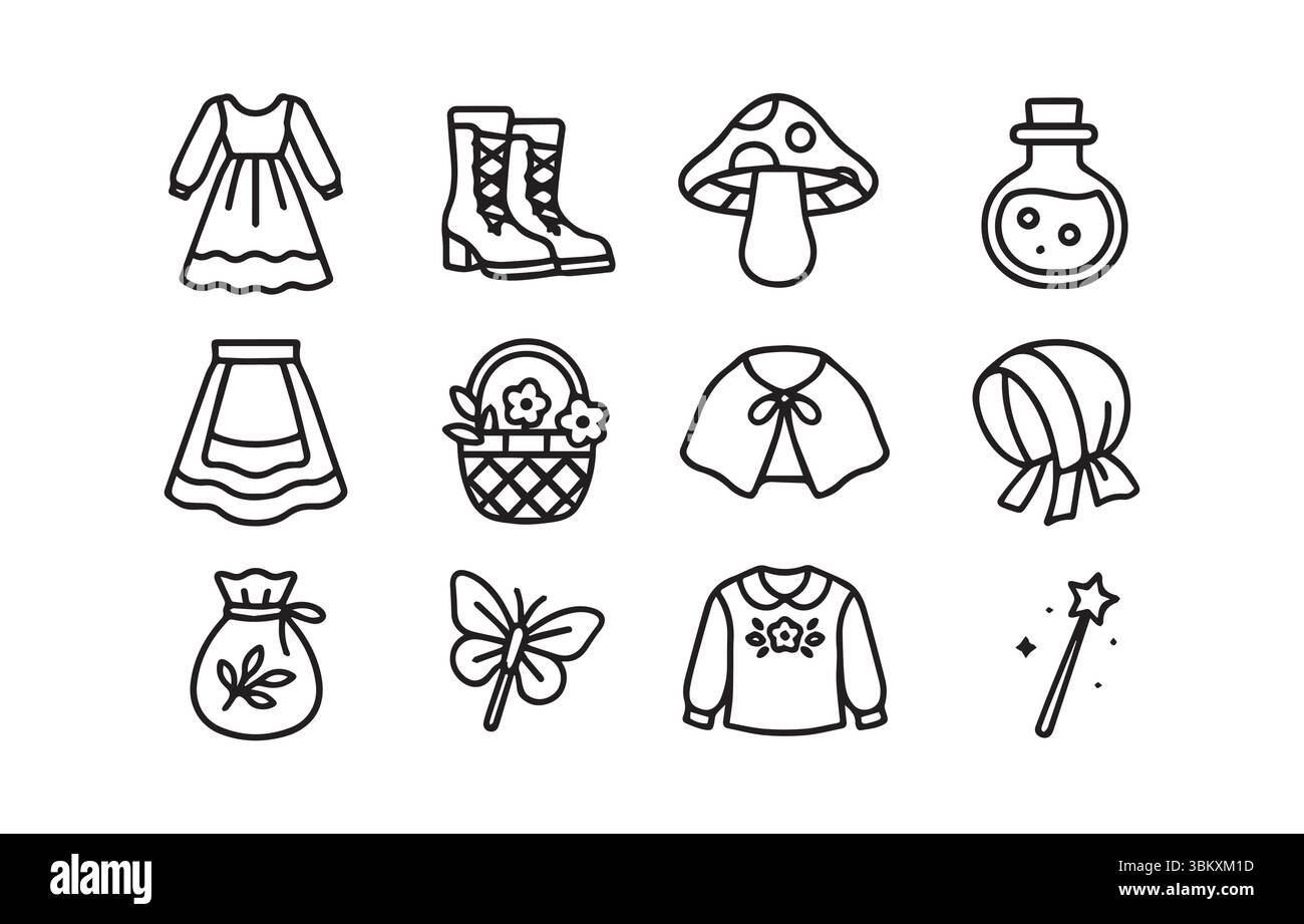Whimsical Fairy Tale Elements Seamless Pattern Line Art Illustration ...