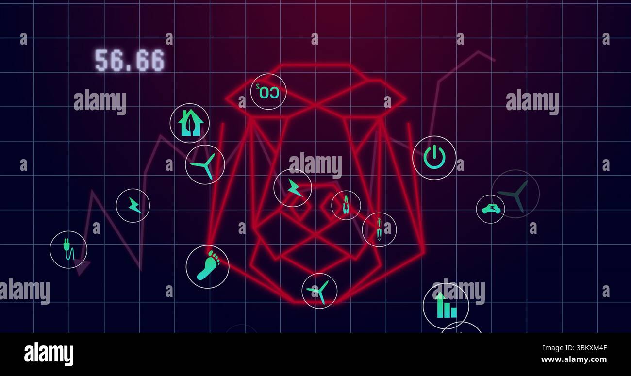 Displaying central red polygon on grid UI, with wind turbine, battery ...