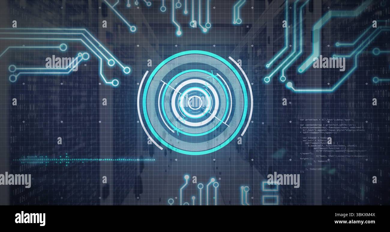 Displaying central circular HUD interface in data center corridor, with circuit patterns and ...