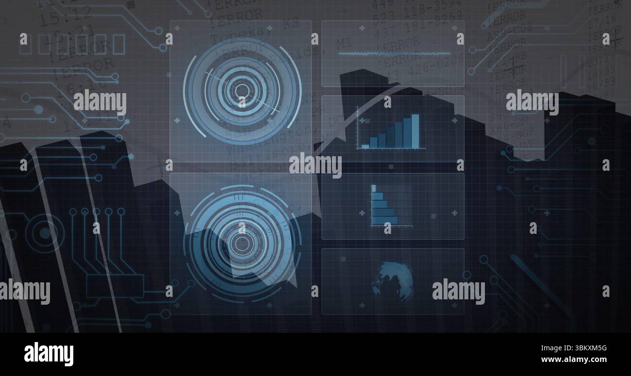 Overlaying interface displaying circular HUD elements and data panels over city skyline at dusk ...
