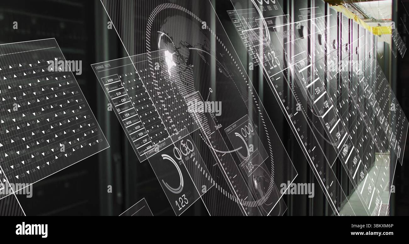 Projecting holographic panels in server room, showing server racks, LED ...
