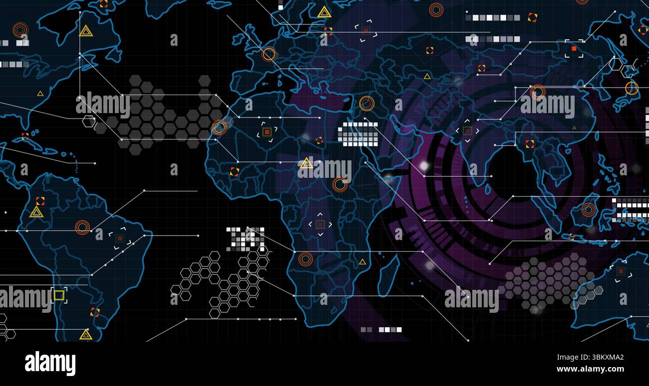 Displaying glowing blue world map in digital interface, with purple circles and white data ...