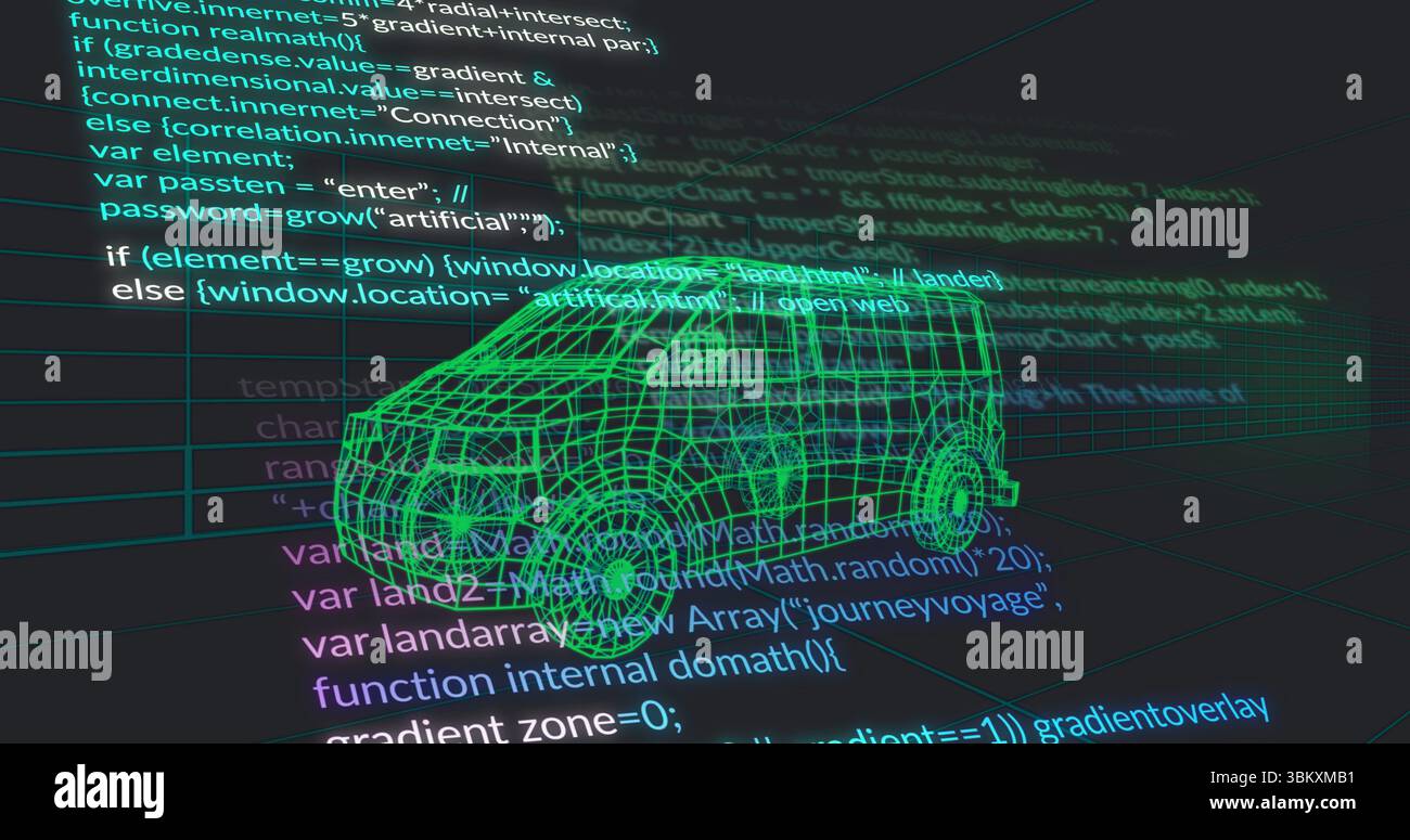 Displaying neon-green wireframe van model floating over dark code editor, with perspective grid ...