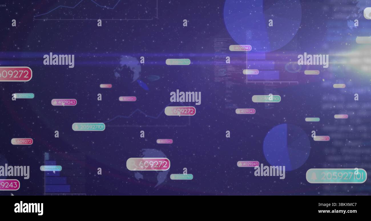 Floating numeric labels, charts and map silhouettes hovering in ...