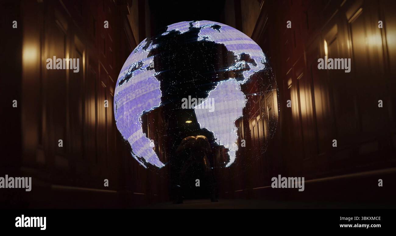 Hanging glowing Earth globe in narrow wood corridor, with crouching ...