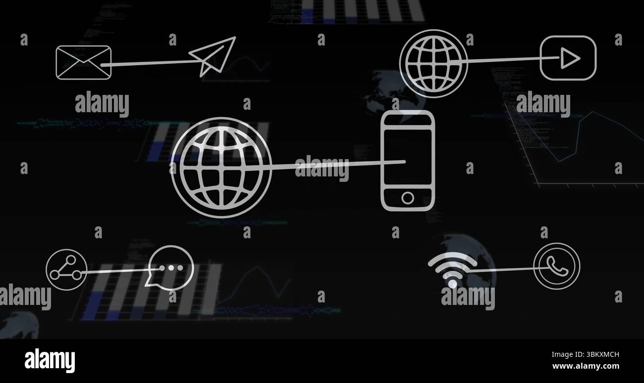 Displaying dark interface connecting communication and network icons ...
