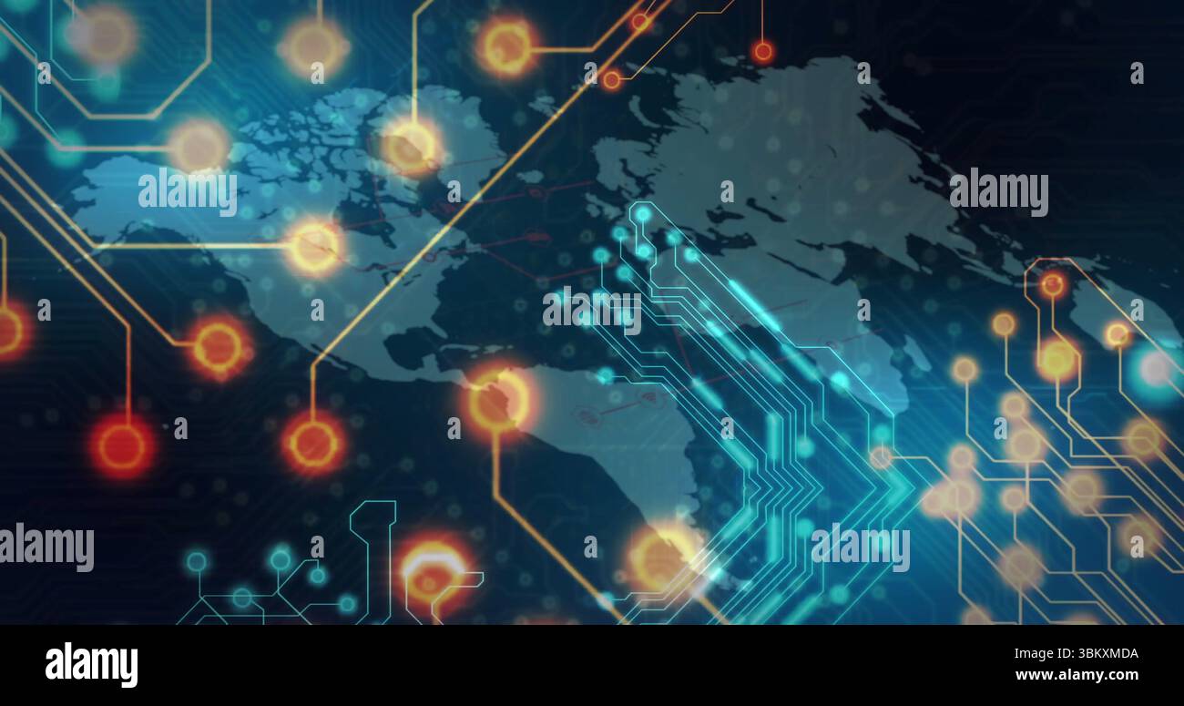 Displaying stylized world map overlaying network circuitry in digital ...