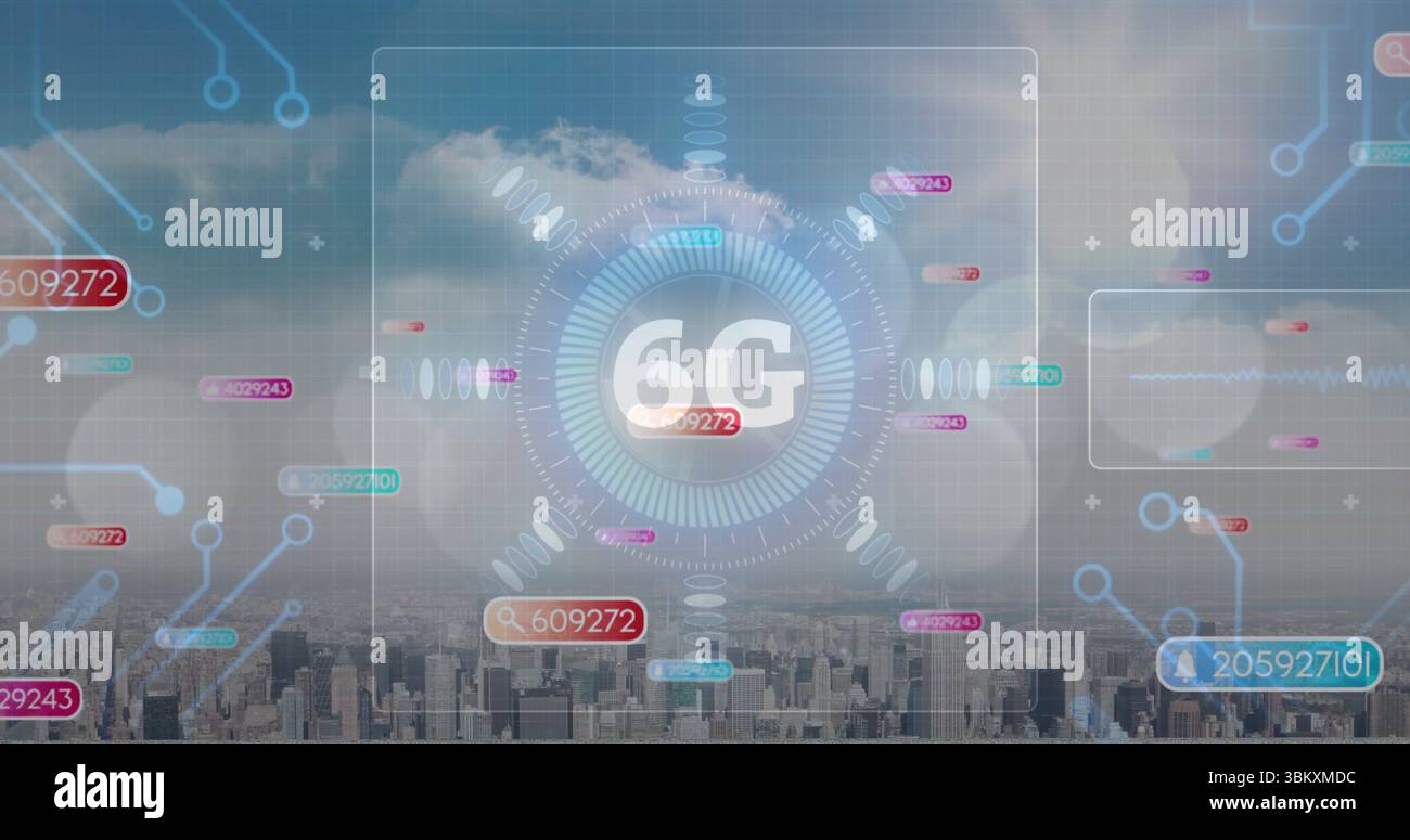 Displaying 6G HUD overlaying city skyline, with radial bars numeric ...