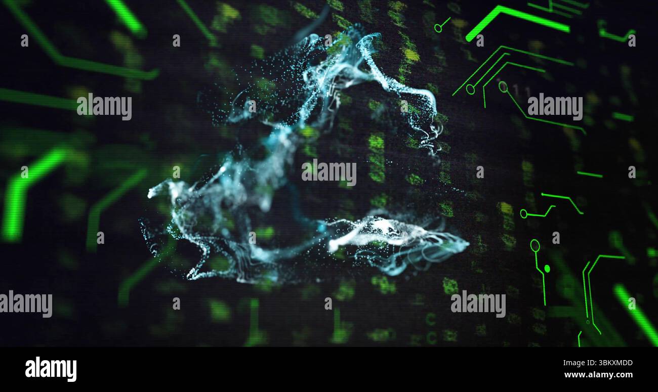 Swirling white-blue particle clouds dancing in digital space, code grid ...