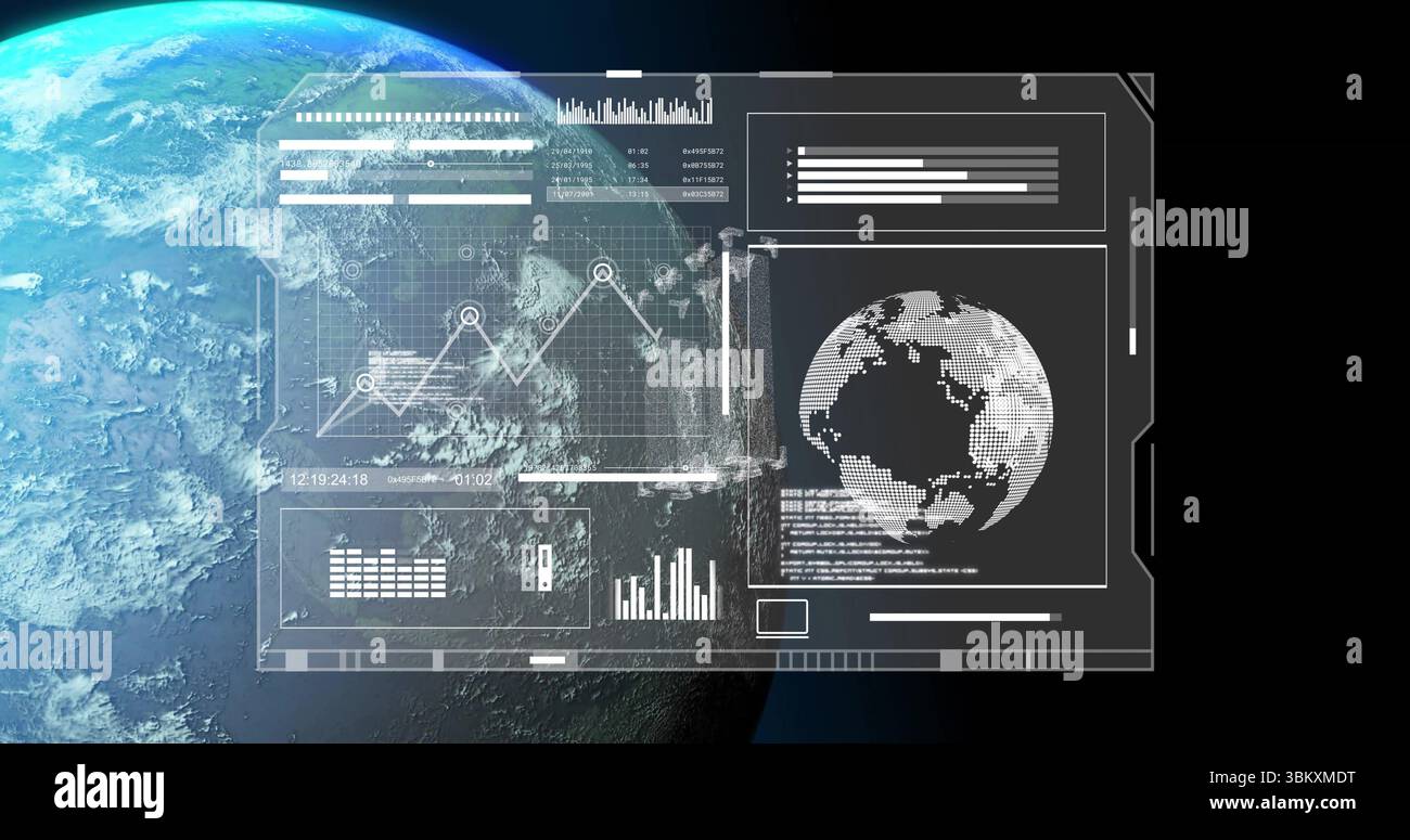Displaying futuristic HUD panel showing line graph, bar chart, world map over Earth view, with ...