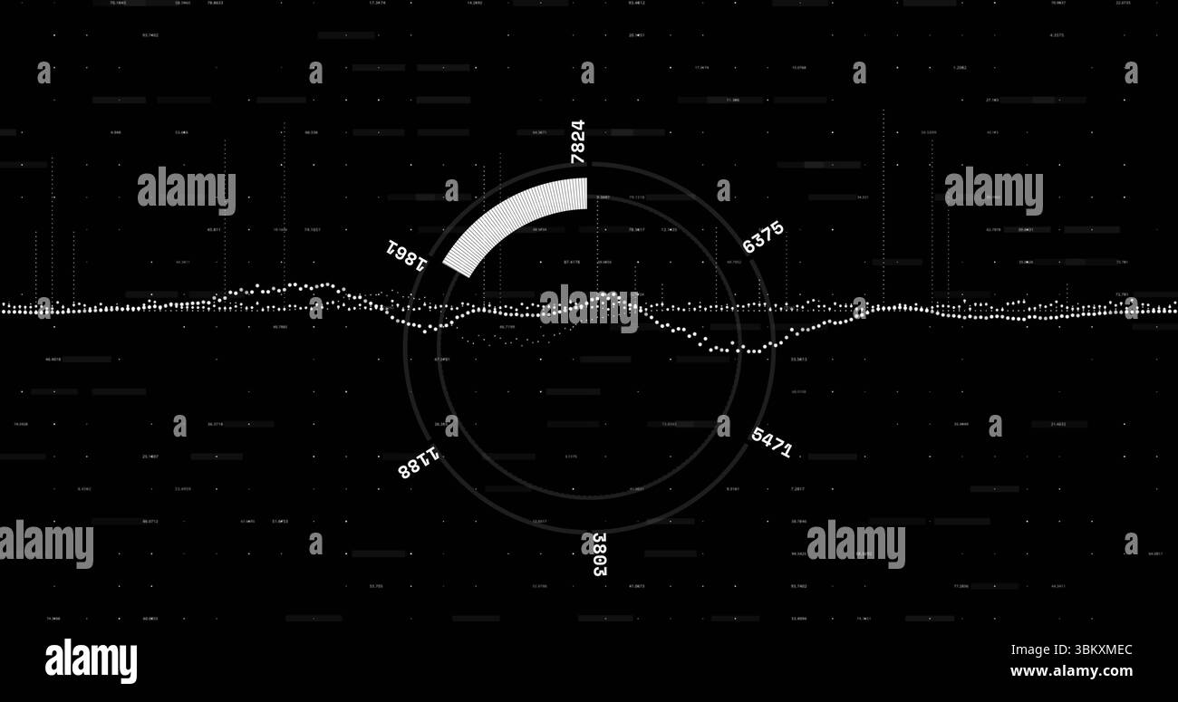 Displaying dashboard data with dotted waveform, concentric rings, numeric labels and white arc ...