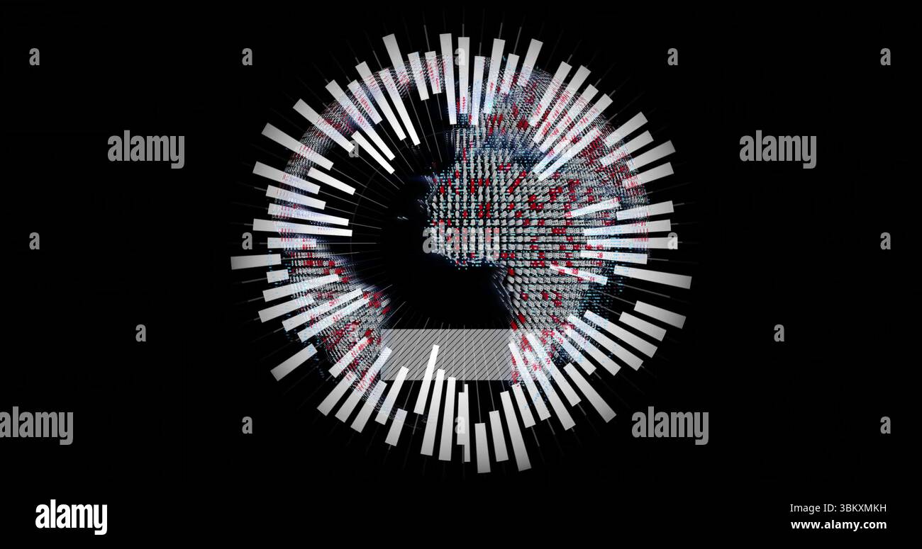 Spinning digital globe showing pixel clusters with radiating bars in ...