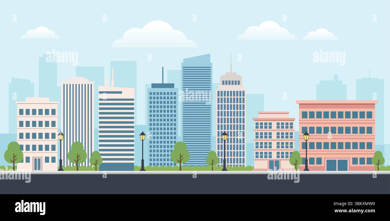 Flat Vector Urban Cityscape with Office and Residential Buildings ...