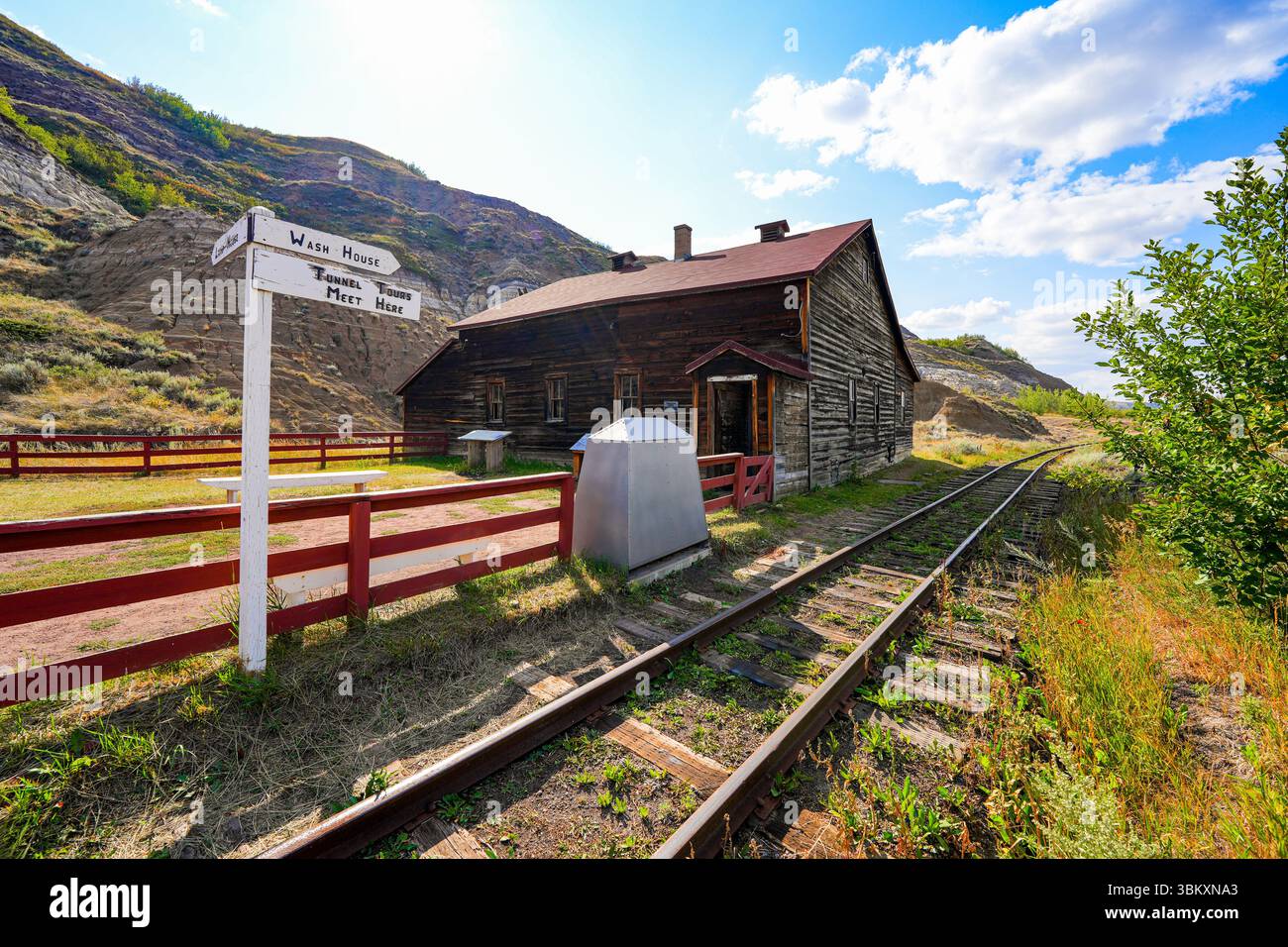 Train track passing in front of the washhouse of the Atlas Coal Mine, a ...