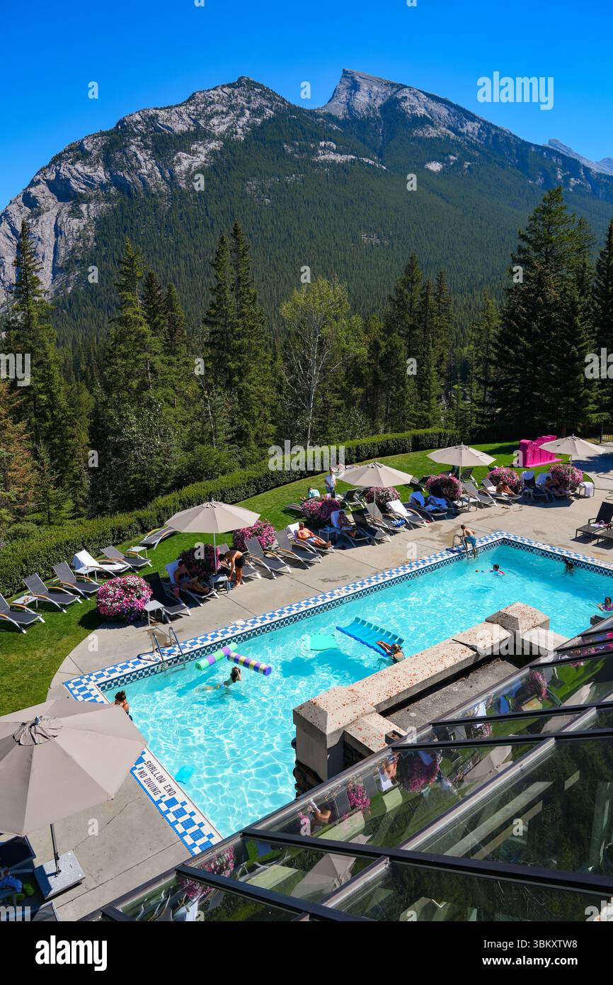 Swimming pool of Banff Springs Hotel, a historic châteauesque hotel ...