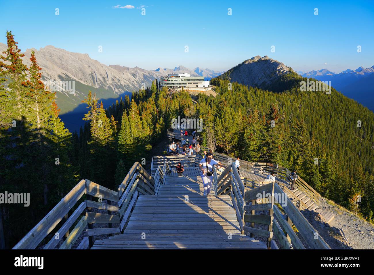 Boardwalk leading down to the upper terminal of the Banff Gondola cable ...