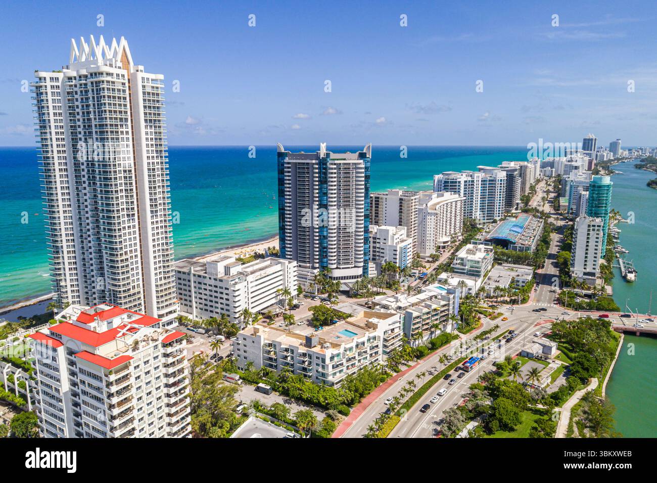 Miami Beach Florida North Beach,aerial overhead view from above looking ...