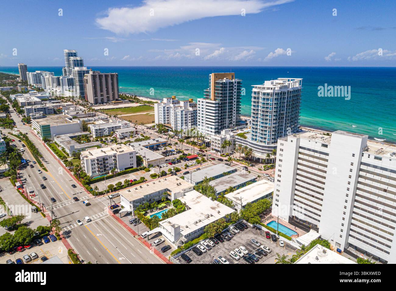 Miami Beach Florida North Beach,aerial overhead view from above looking down,city skyline tall ...