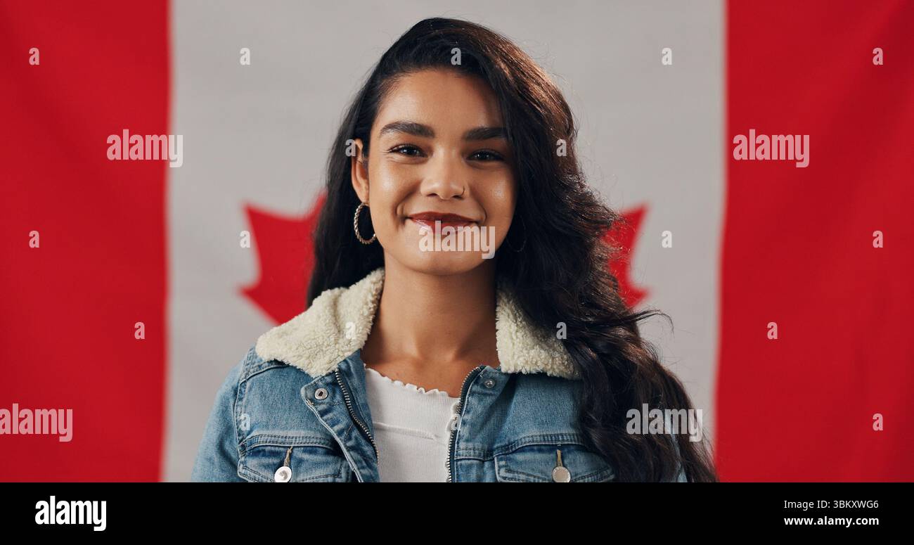 Canadian, happy and portrait of woman with flag for national history ...