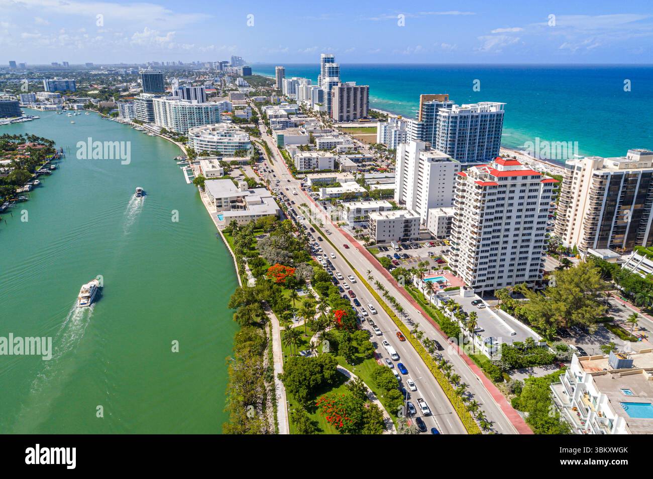 Miami Beach Florida North Beach,aerial overhead view from above looking ...