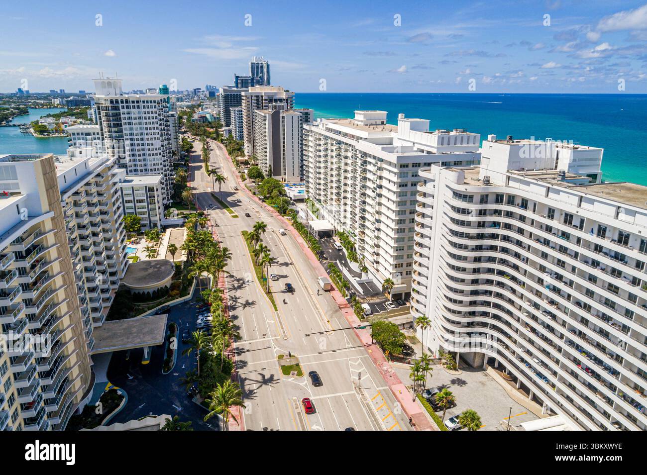 Miami Beach Florida,aerial overhead view from above looking down,city skyline tall,waterfront ...