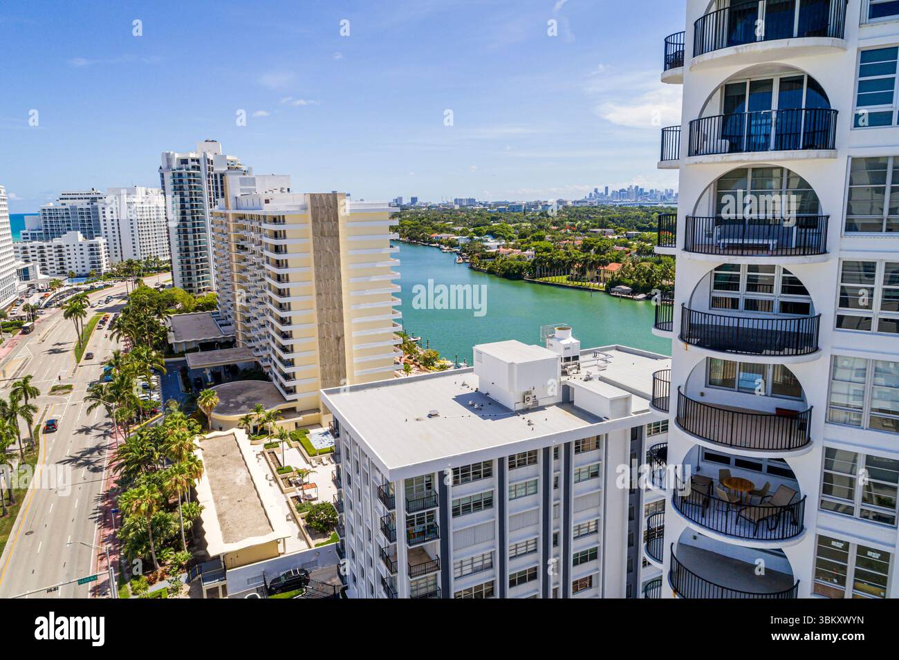 Miami Beach Florida,aerial overhead view from above looking down ...