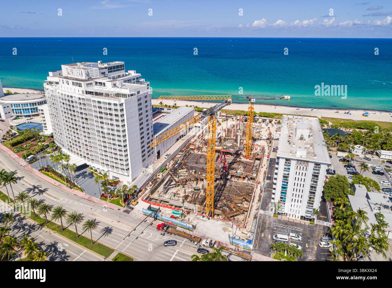 Miami Beach Florida,aerial overhead view from above looking down,city skyline tall,waterfront ...