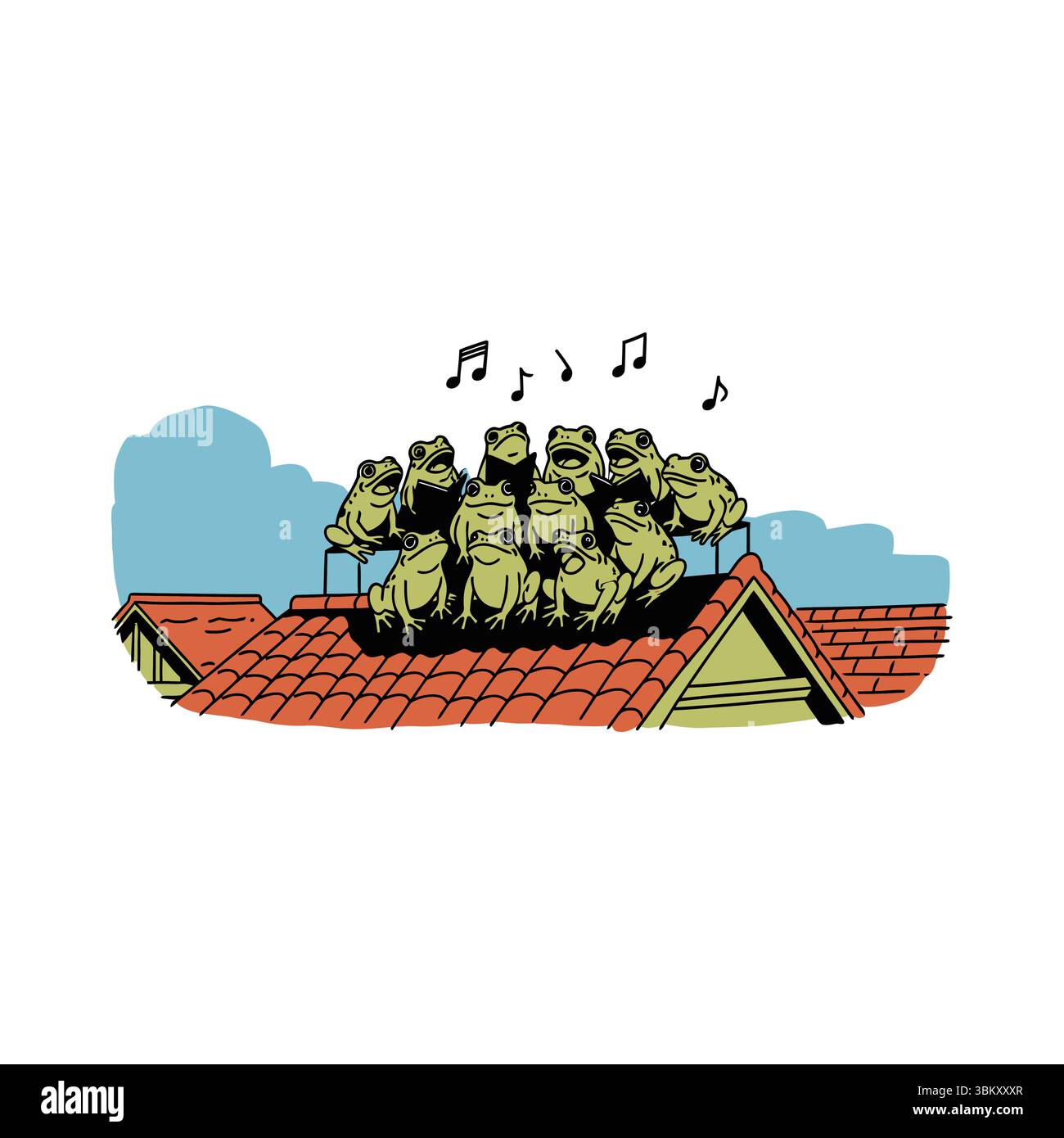 A charming illustration depicts a group of frogs singing on a red-tiled ...