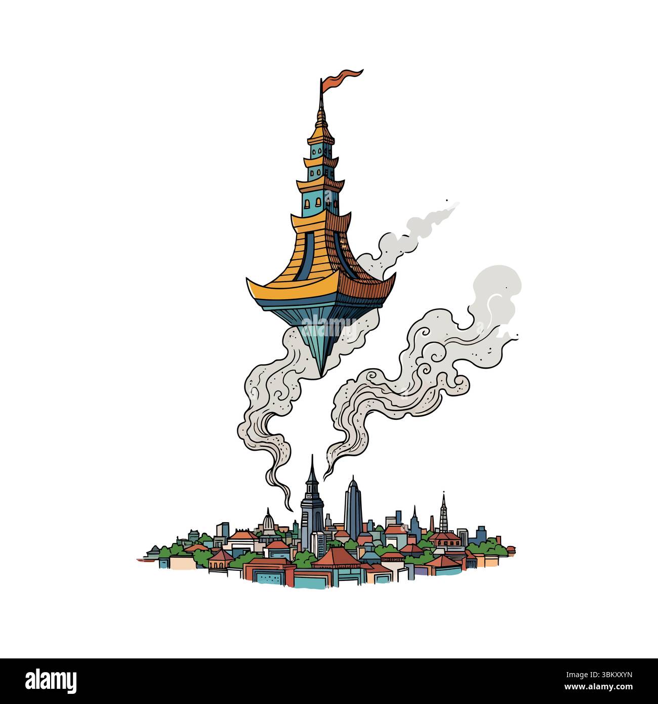 A hand-drawn illustration depicts a fantastical Asian-style pagoda ...