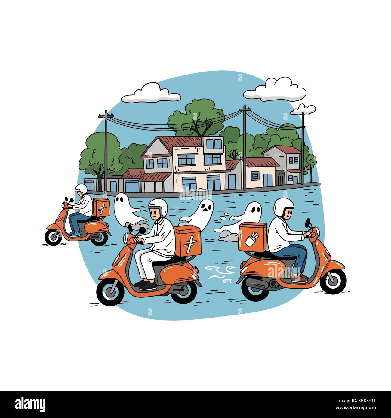 Animated food delivery riders on scooters, alongside ghostly figures ...