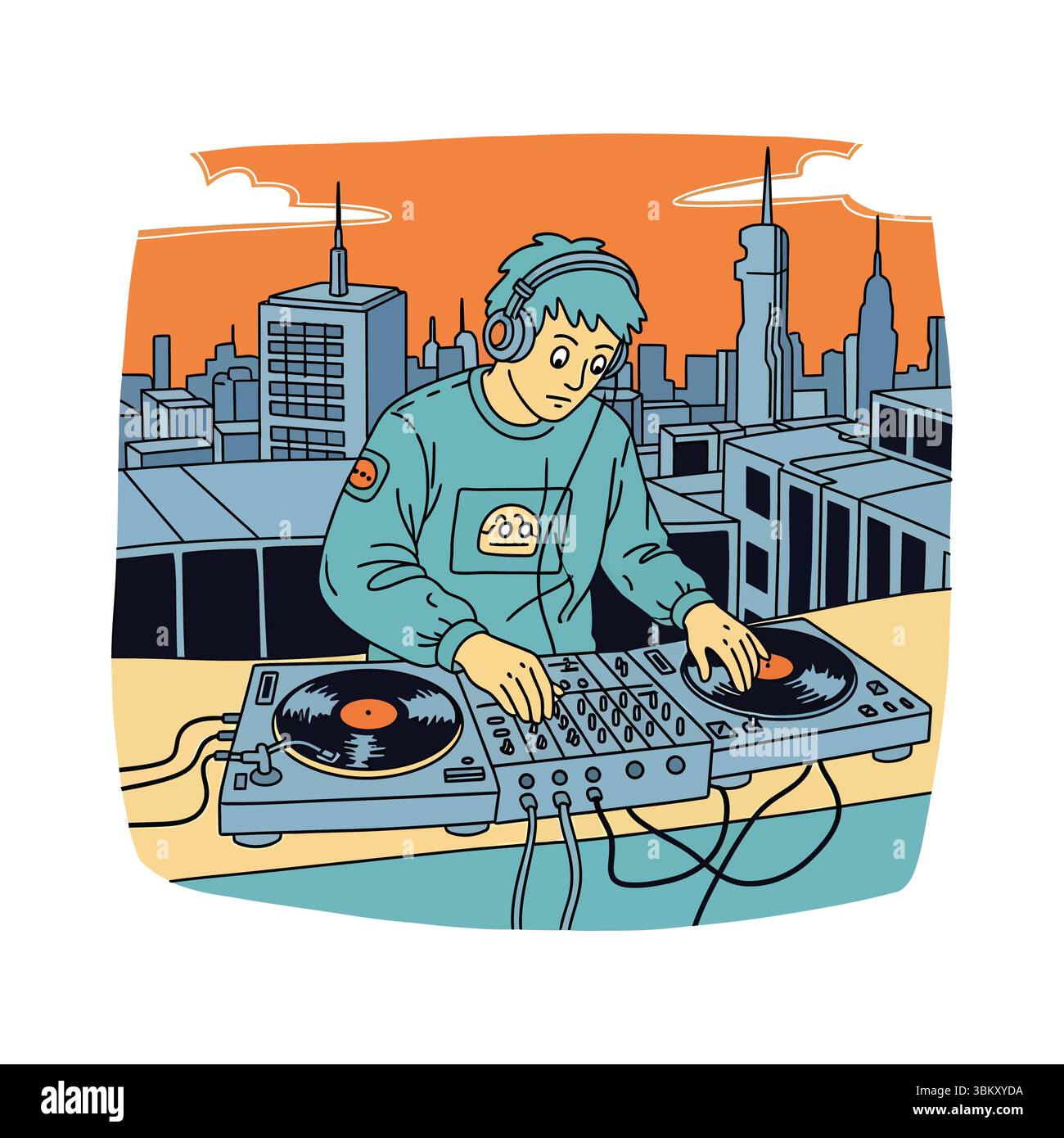 A vector illustration depicts a DJ on a rooftop, mixing music with ...