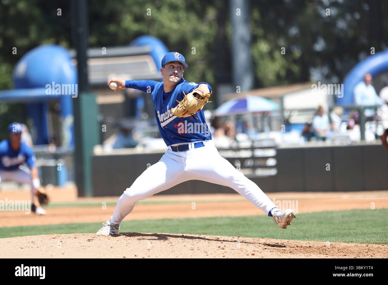 Ryan Brown (33) of the Rancho Cucamonga Quakes pitches against the San ...