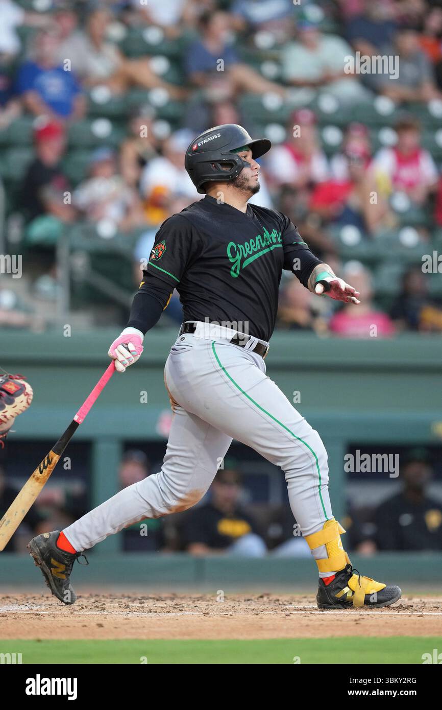 Omar Alfonzo (50) of the Greensboro Grasshoppers at bat in a South ...