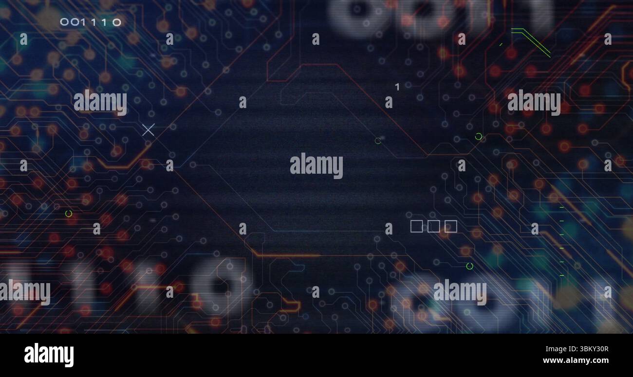 Displaying network on screen, with glowing circuits, hexagon outlines, nodes and binary 01110 ...