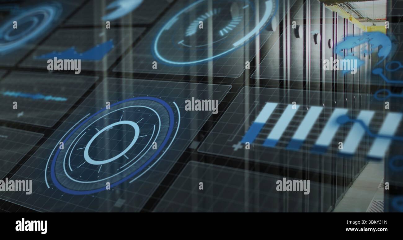 Showing server racks projecting holographic charts at data hall, raised ...